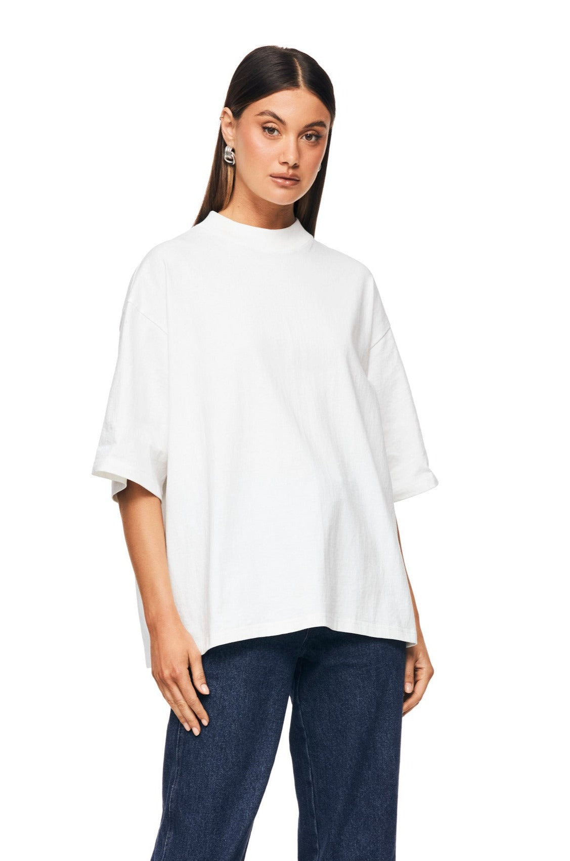 The Alex Tee | White High Neck Oversized T-Shirt | Nakedvice